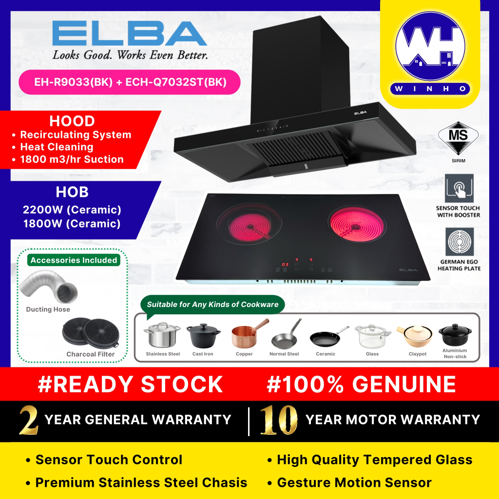 SET ELBA Hood & Hob EH-R9033(BK) Hood 1800m3/hr + ECH-Q7032ST(BK) Built ...
