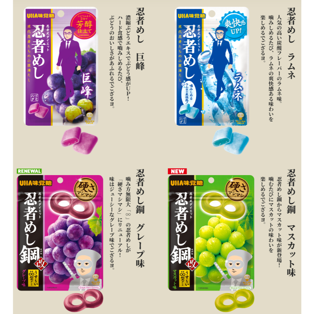 【UHA Mikakuto】Ninjameshi Ninja Meshi Gummy Candy 4 Flavors (Kyoho Grape ...