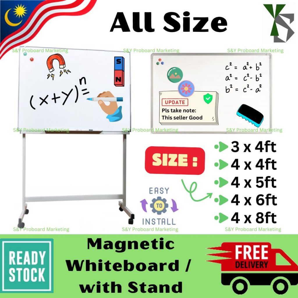 Papan Putih Magnetik /dengan Kaki Beroda/ Magnetic White board Size 3x4 ...