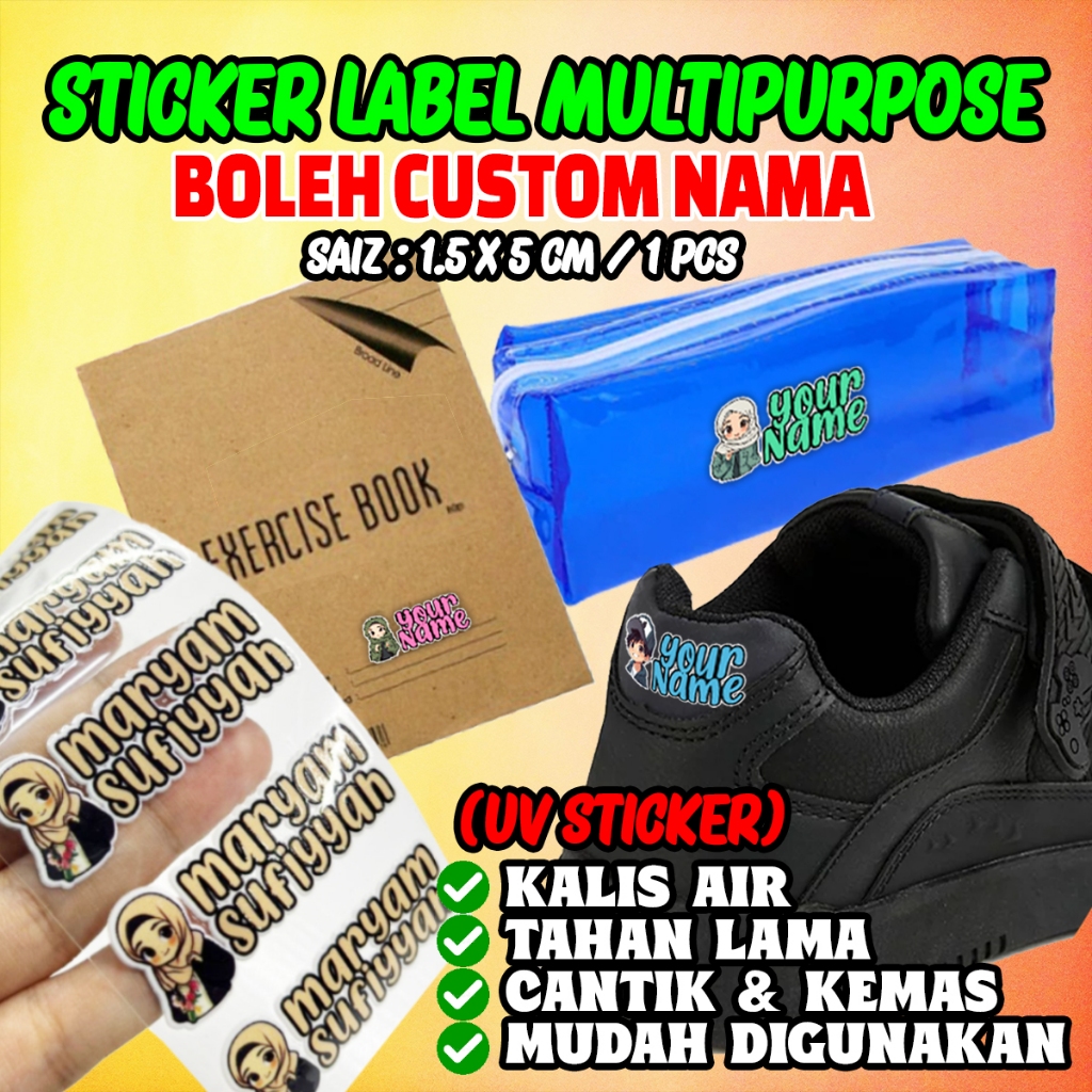 CUSTOM 15pcs LABEL NAMA Multipurpose UV Sticker untuk Kasut Leather ...