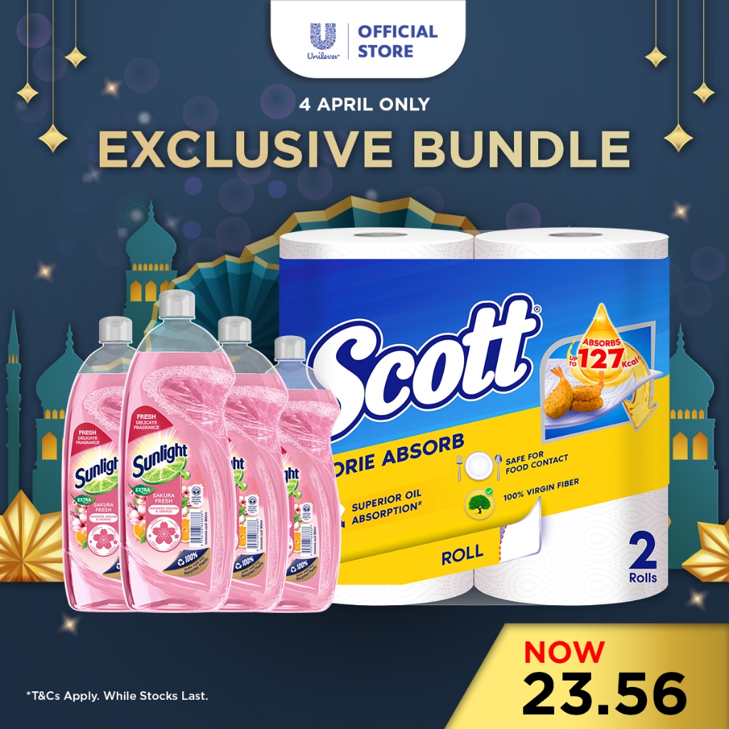 [HOME CARE BUNDLE] Sunlight Dishwash Liquid Sakura (800ml x 4) + Scott ...