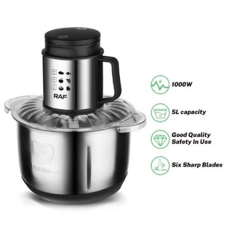 RAF Professional 5L Stainless Steel Food Processor - 1000W Motor, Dual-Speed Chopper & Grinder ...