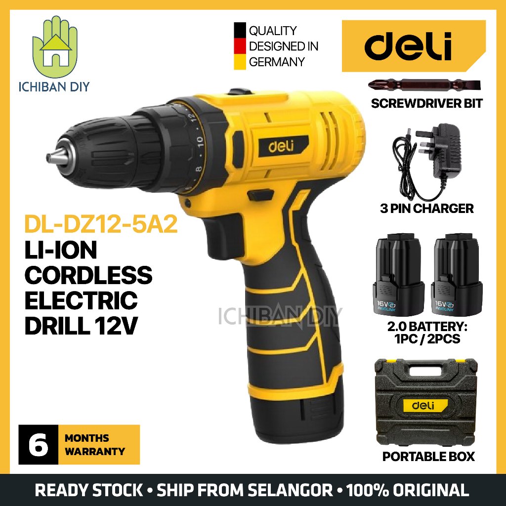 DELI Cordless Drill Screwdriver DL-DZ12-5A2 Lithium-ion Li-ion 12V 2 ...