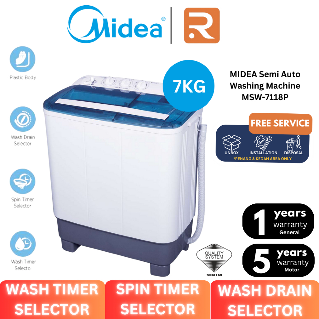 MIDEA Semi Auto Washing Machine MSW-7118P | Shopee Malaysia