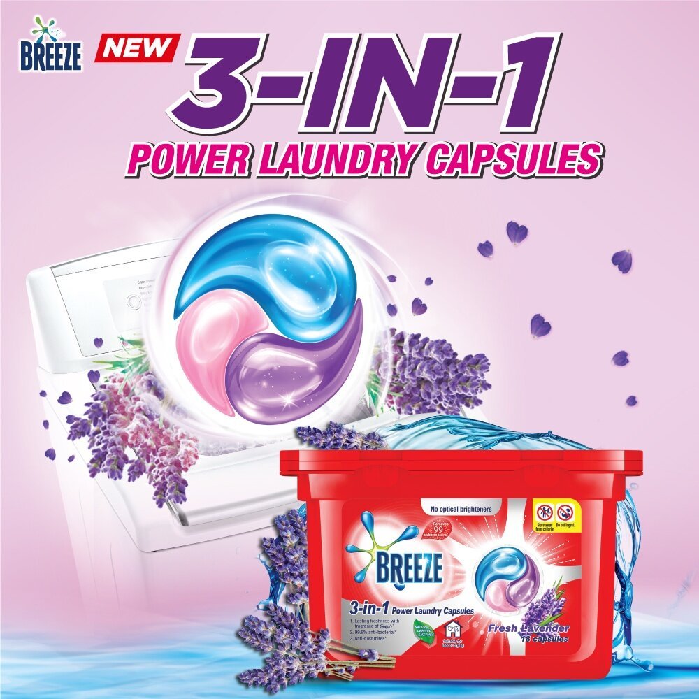 BREEZE 3 IN 1 POWER LAUNDRY CAPSULES FRESH LAVENDER (18 CAPSULES ...