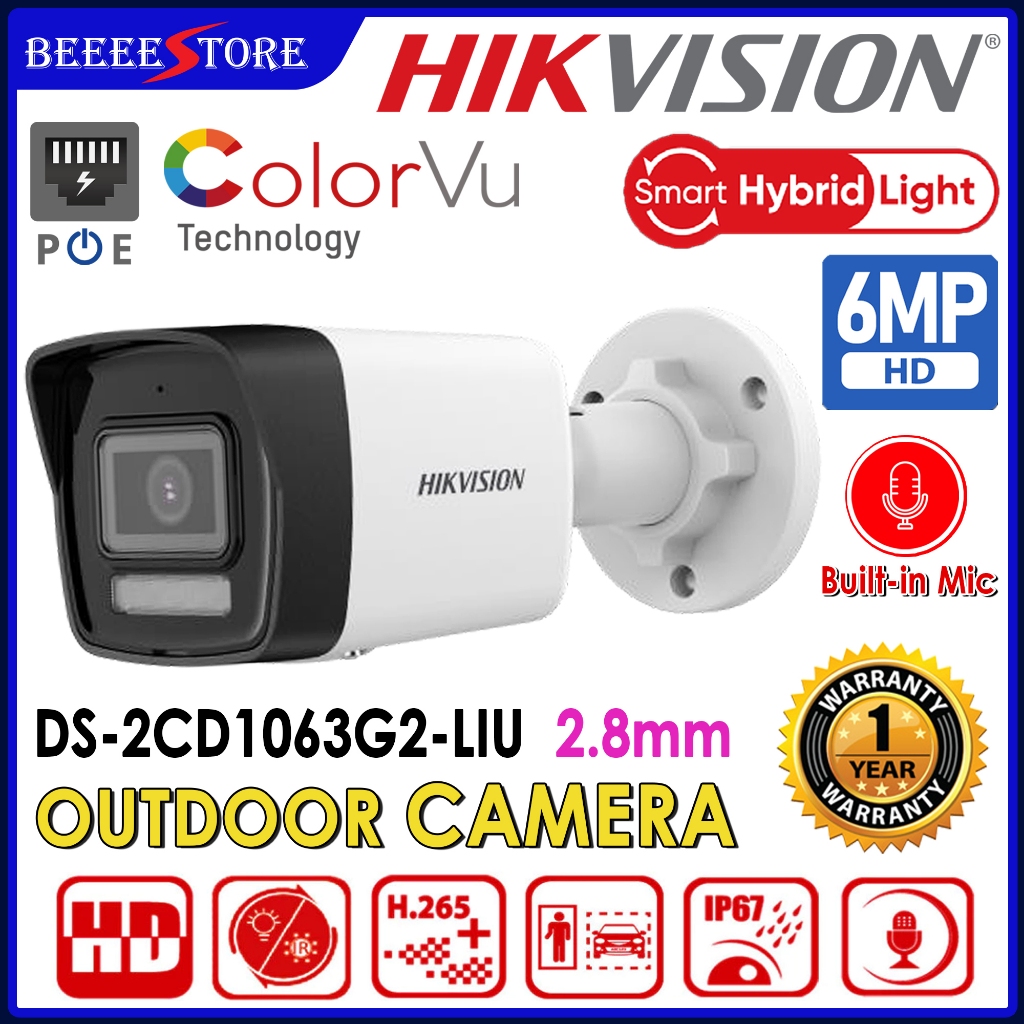 HIKVISION DS-2CD1063G2-LIU 6.0MP POE + COLORVU + MIC / AUDIO Smart Hybrid Light 6MP 2048P IP ...