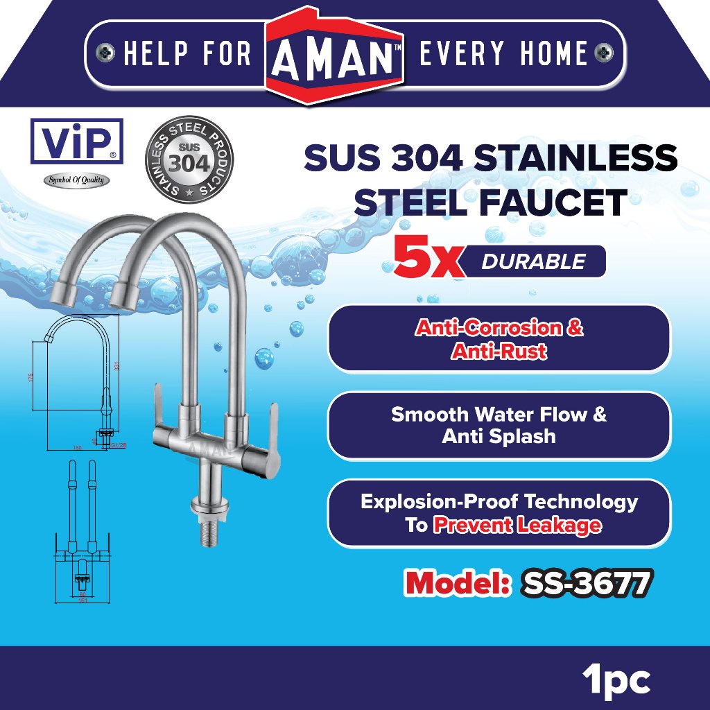 VIP SUS-304 Stainless Steel Fixed Double Pillar Sink Tap Kitchen Sink ...