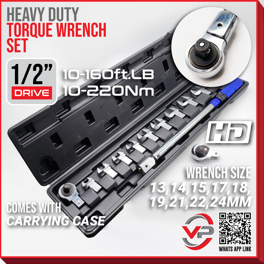 Heavy Duty Torque Wrench Kit Set 1/2” with Open-End Heads|10-220Nm ...