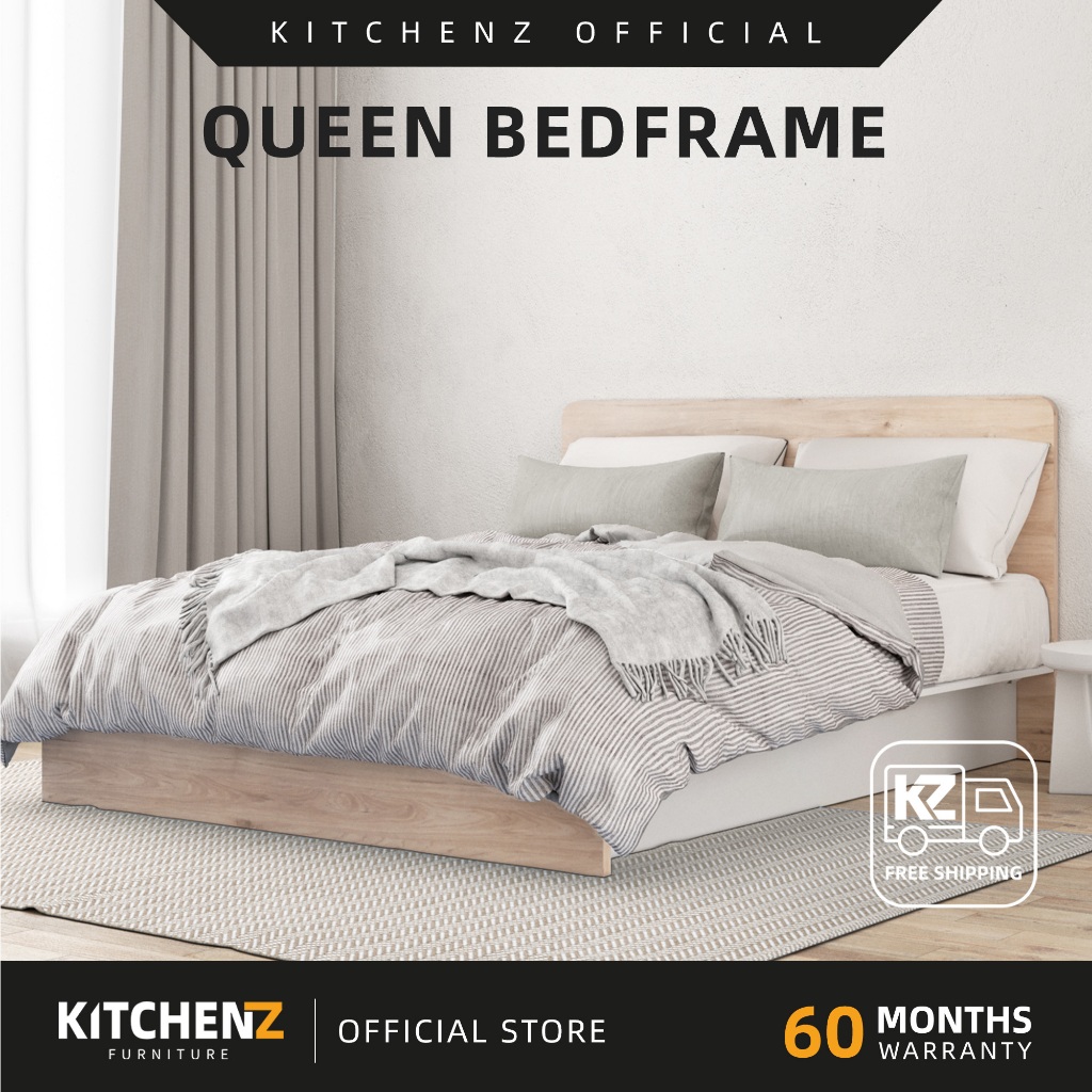 [FREE SHIPPING] KitchenZ Alona Series Queen Bed Frame Full Melamine Modern Natural Oak White ...