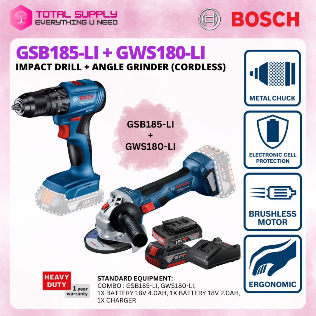 BOSCH COMBO GWS 180-LI ANGLE GRINDER / GSB 185-LI PROFESSIONAL IMPACT DRILL/DRIVER | Shopee Malaysia