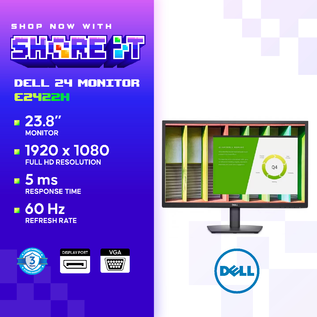 Dell 24 Monitor E2422H with 1920 x 1080 Resolution Display port VGA for ...