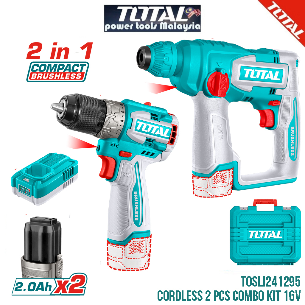 TOTAL Cordless 2 pcs combo kit (16V/ Brushless Cordless Impact Drill ...