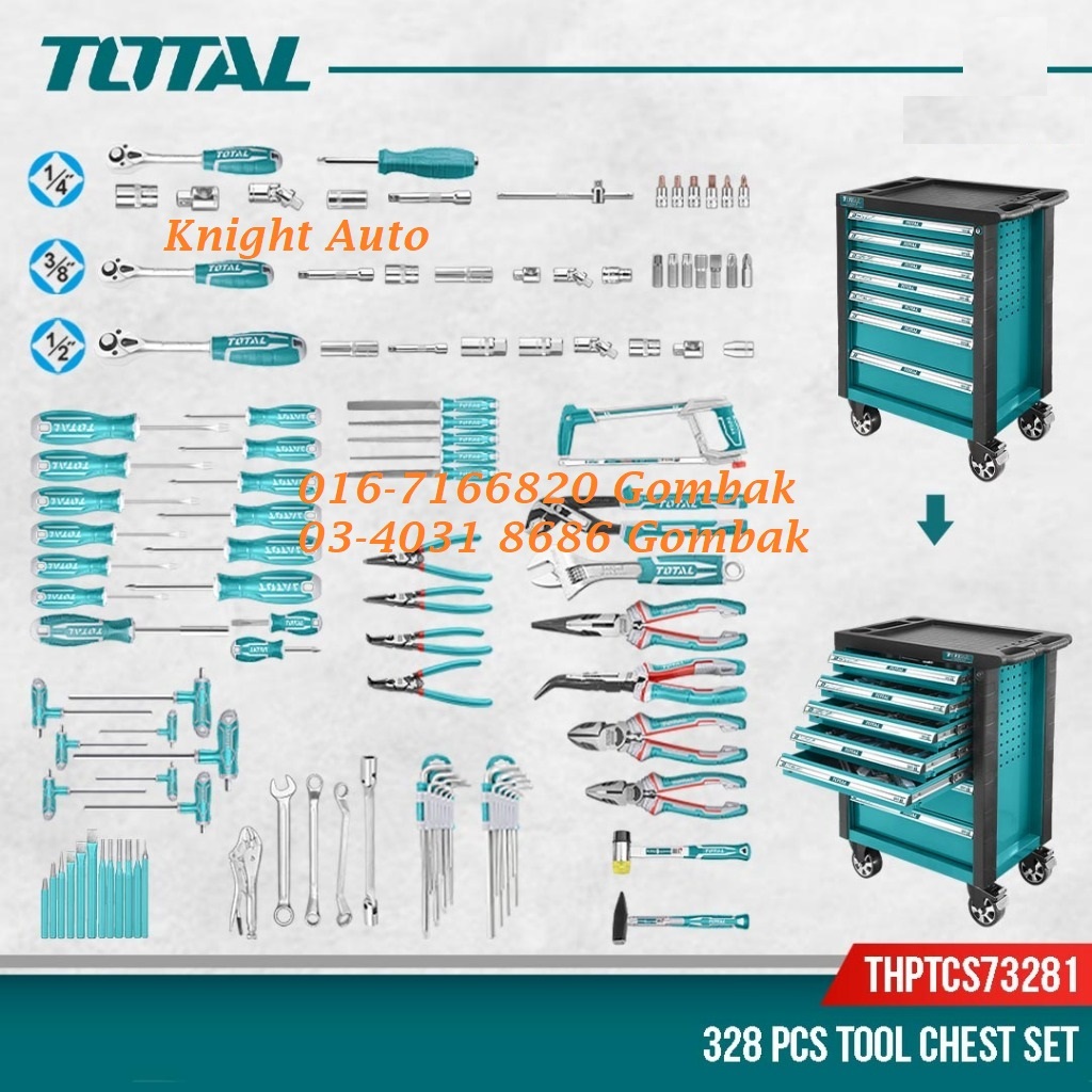 TOTAL THPTCS73281 328Pcs 7 Drawers + Castor + Brakes With Wrench, Sockets, Ratchet, Screwdriver ...