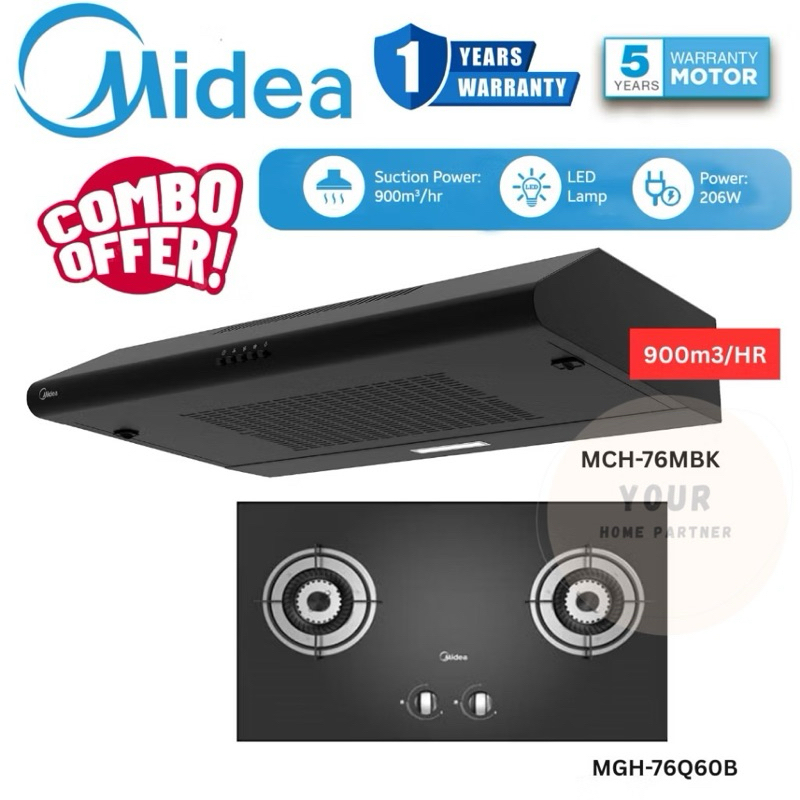 Midea Slim Hood MCH-76MBK 76cm 900M3/HR /Midea Slim Hood MCH-90F49BK ...
