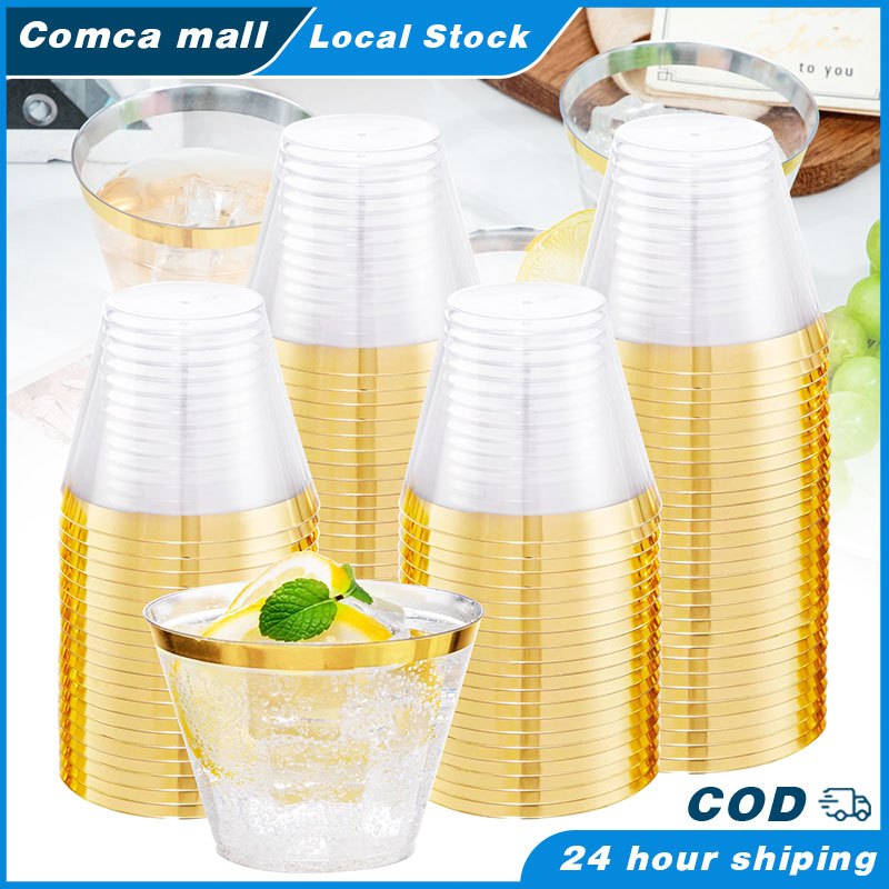 50pcs 270ml Reusable Plastic Gold Rim Cup / Wedding Supplies Birthday ...