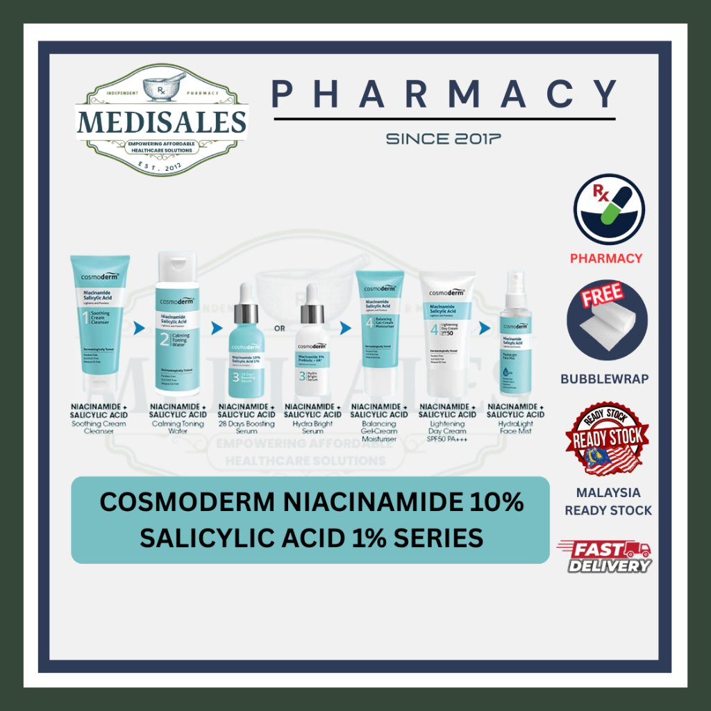 COSMODERM NIACINAMIDE 10% SALICYLIC ACID 1% SERIES (CLEANSER | TONER ...