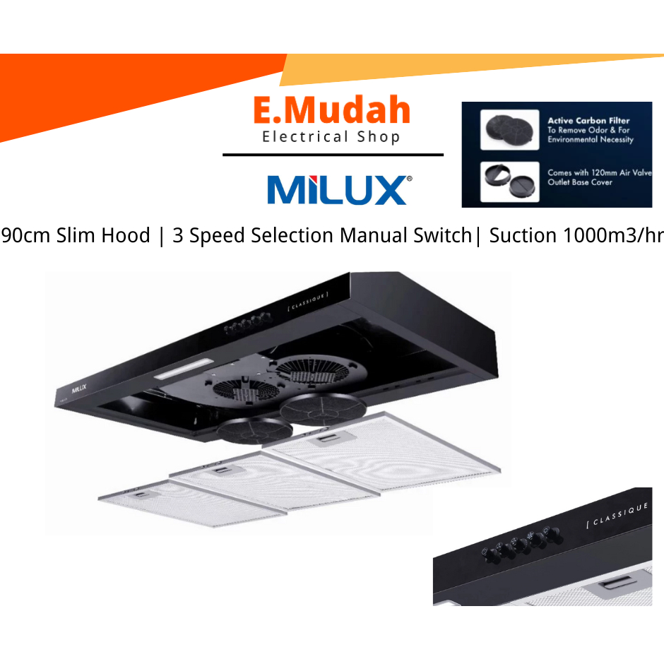 MILUX 90cm SLIM HOOD | SUCTION POWER 1000 m³/hr | 3 Speed Selection ...