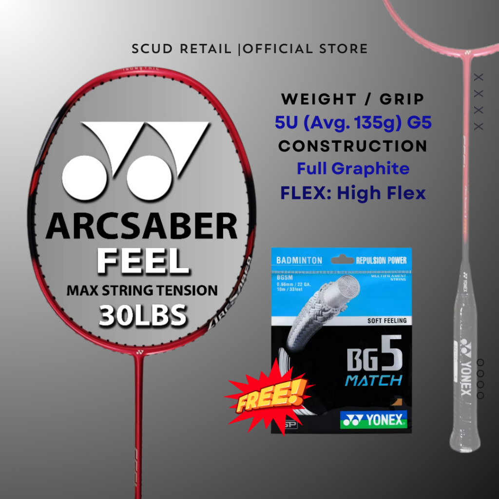 Yonex Badminton Racket Arcsaber FEEL 5U Max Tension 30 lbs (Free String ...