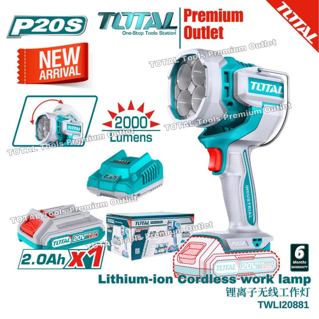 TOTAL Tools 20V Lithium-ion Cordless portable work lamp 2000 Lumens ...