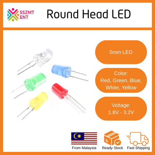 5mm Round Head LED – Red / Yellow / Blue / Green / White Light Emitting ...