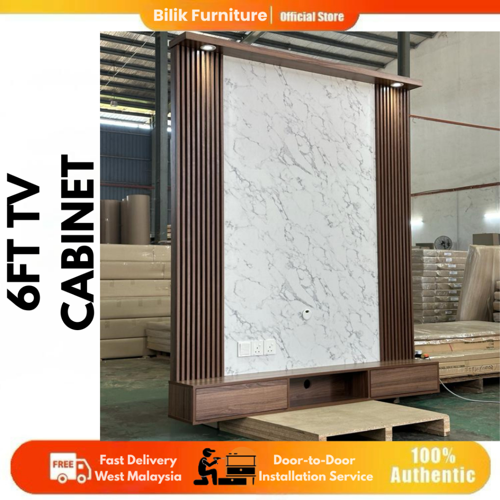 6FT TV Cabinet Marble Design with LED, Drawers & FREE Built-in Soket ...