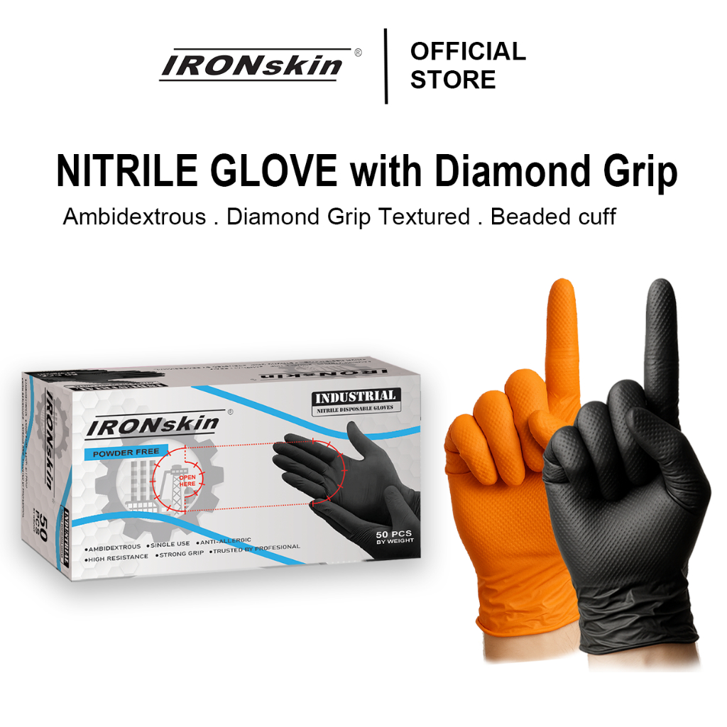 IRONskin Nitrile Glove Diamond Grip Disposable Black Orange Powder Free ...