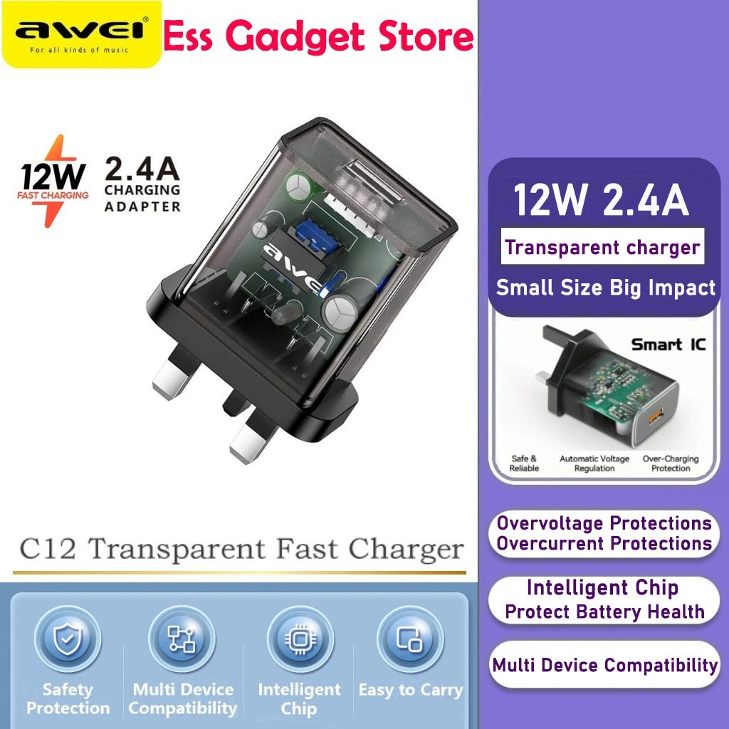 Awei C12 12W 2.4A Transparent Small Power Adaptor Transparend Charger ...