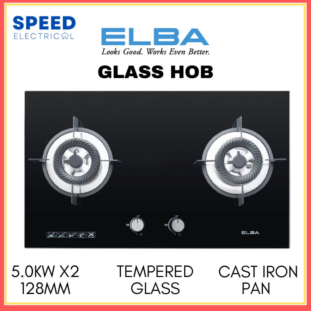 ELBA GLASS HOB BUILT-IN GAS STOVE EGH-K8842G(BK) 5.0KW 2 BURNER DOUBLE BUERNER GAS STOVE 煤气炉 ...