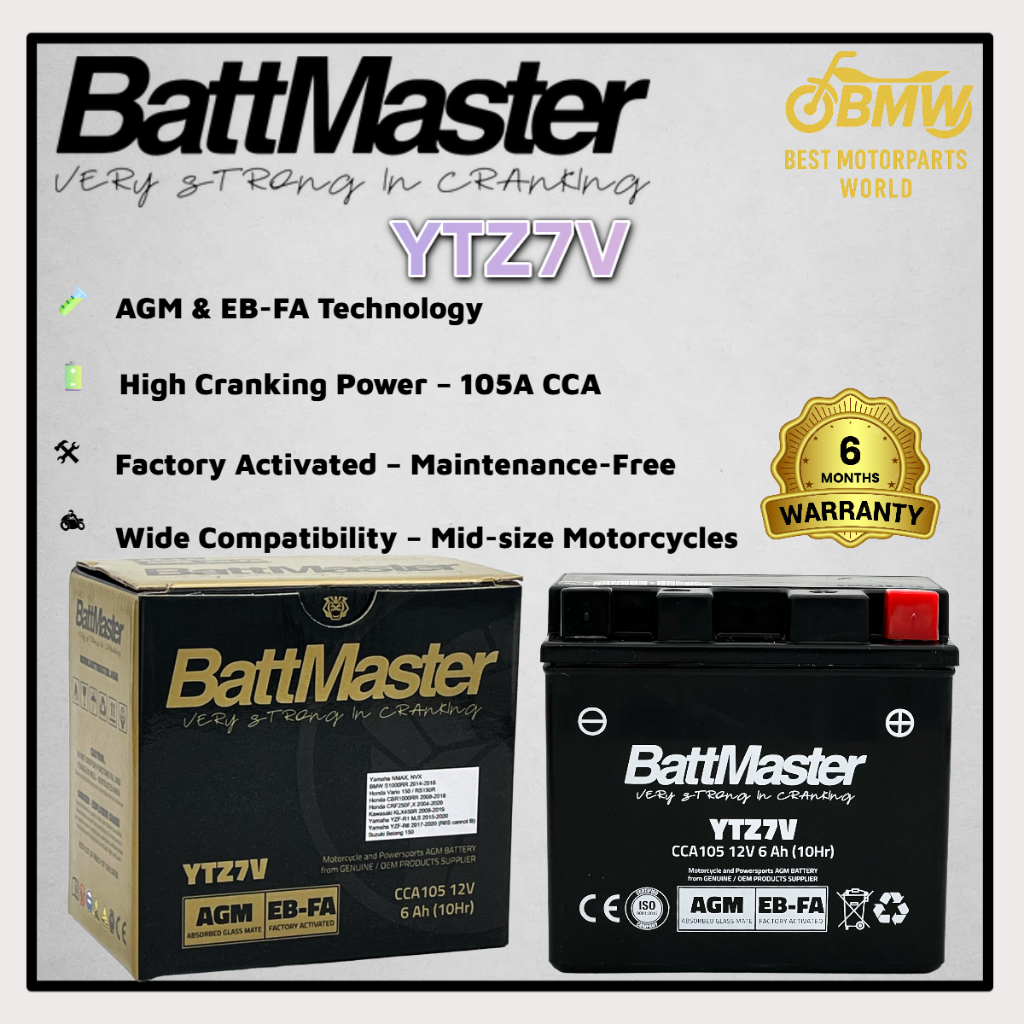 BattMaster YTZ7V 12V 6Ah 105CCA Battery | AGM EB-FA | OEM Replacement ...