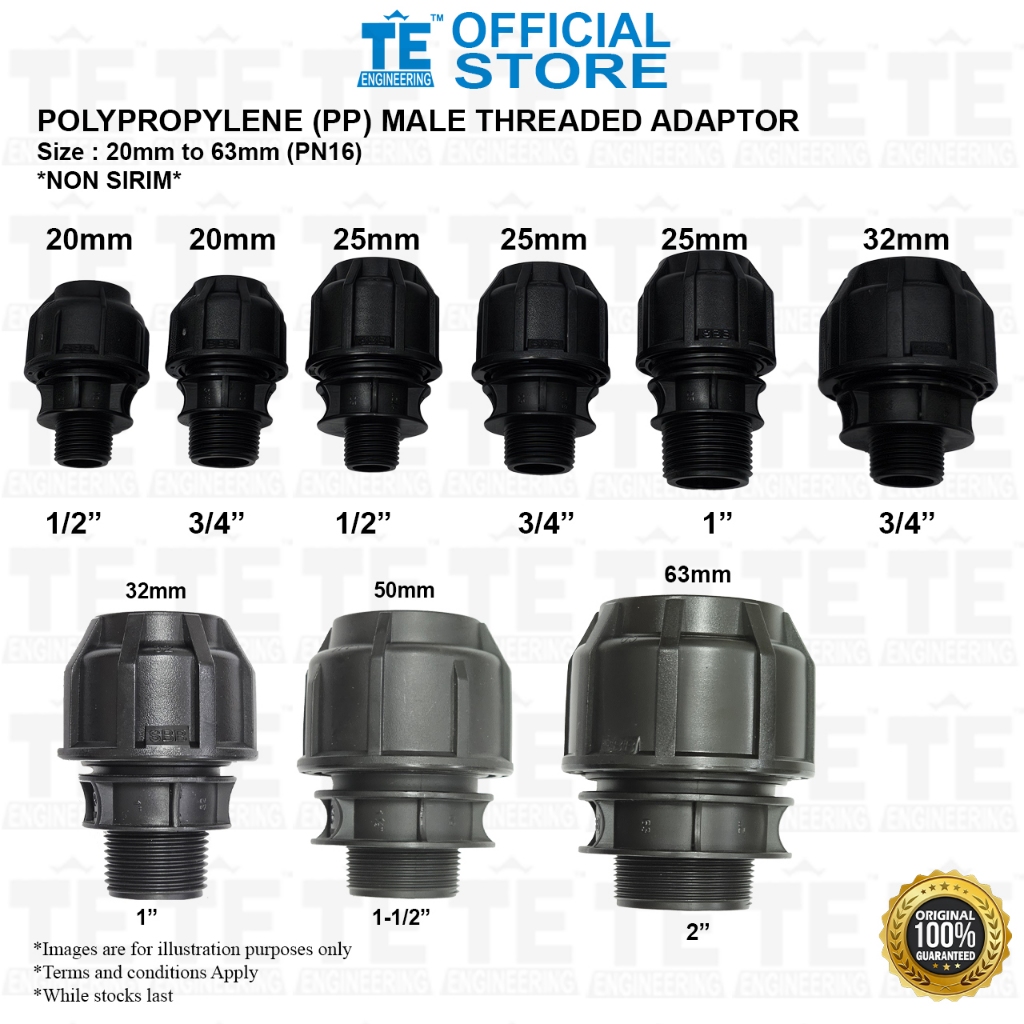 POLYPROPYLENE (PP) MALE THREADED ADAPTOR Size : 20mm to 63mm (PN16 ...