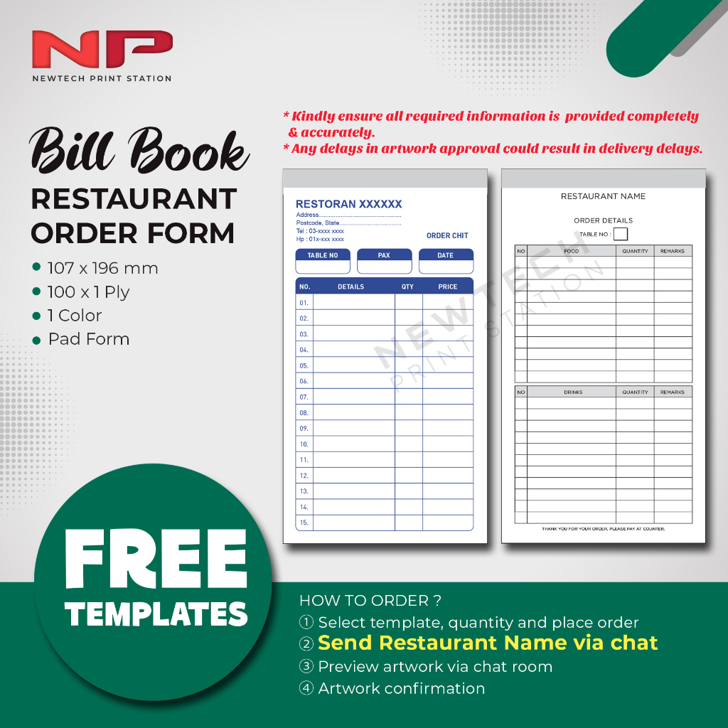 Order Chit / Restaurant Order Form / Kertas Menu Restoran / Bill Book ...