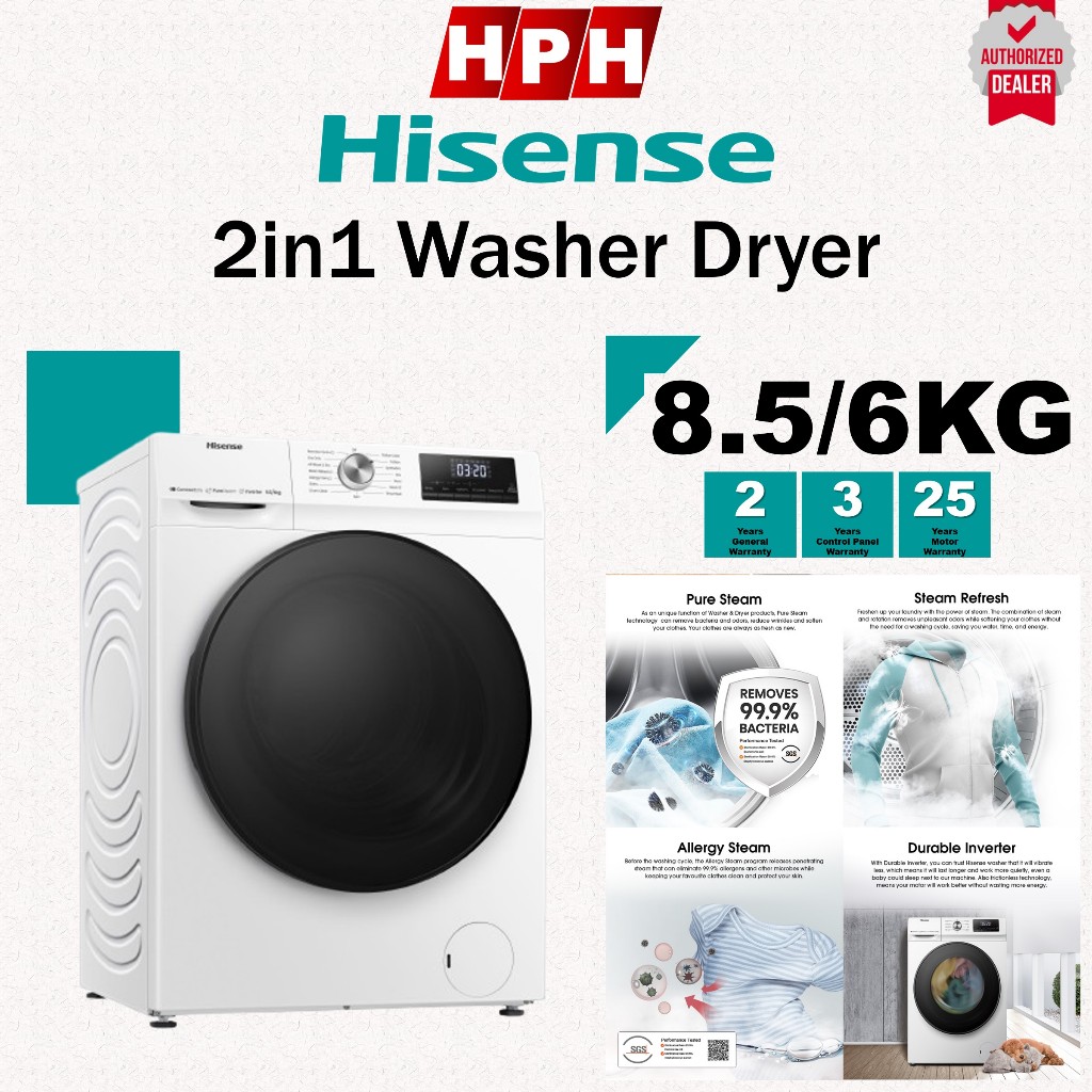 Hisense 2 in 1 Front Load Washing Machine & Dryer (8.5/6kg) Silver ...