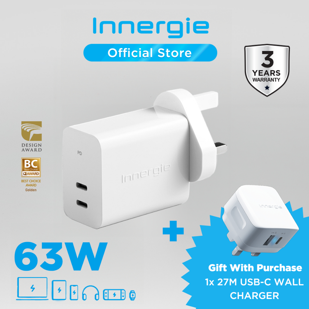 Innergie C6 Duo 63W 2-port USB-C Charger,PD 3.0 (PPS)/QC 4.0/Samsung ...