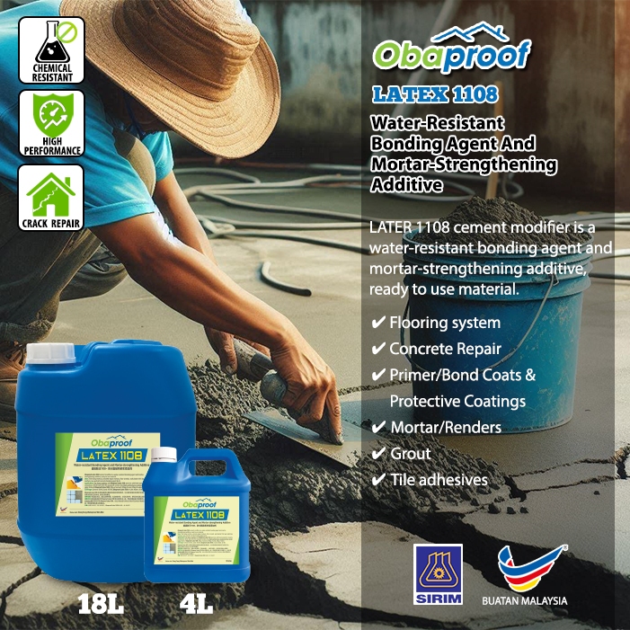 OBAPROOF 4L/18L LATEX 1108 WATER RESISTANT BONDING AGENT & MORTAR STRENGTHENING ADDITIVE GAM ...