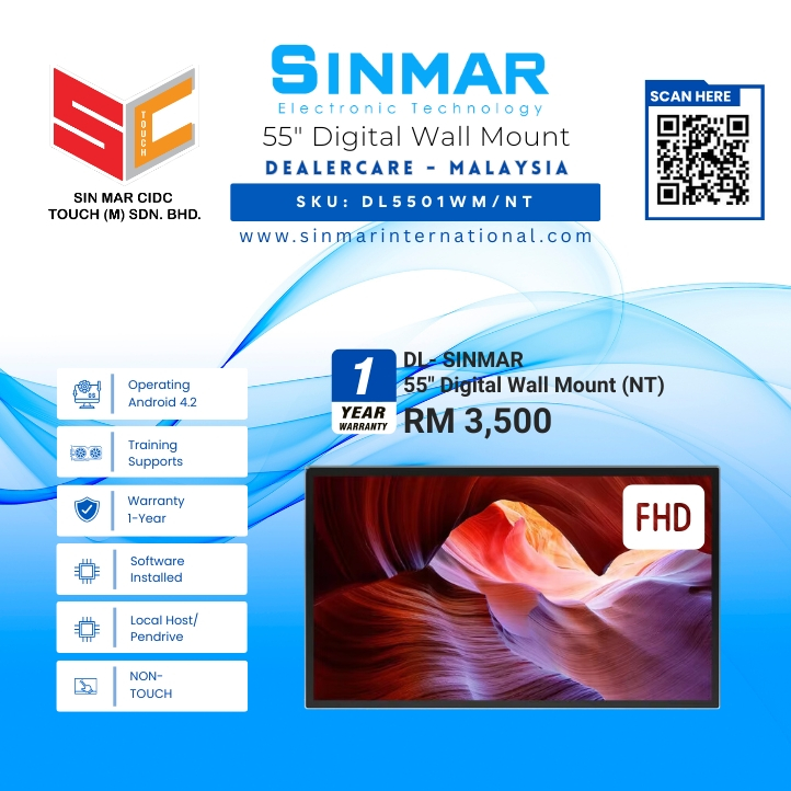 SINMAR 55” FHD / 4K Wall Digital Signage | 2025 Model | Android | Non ...