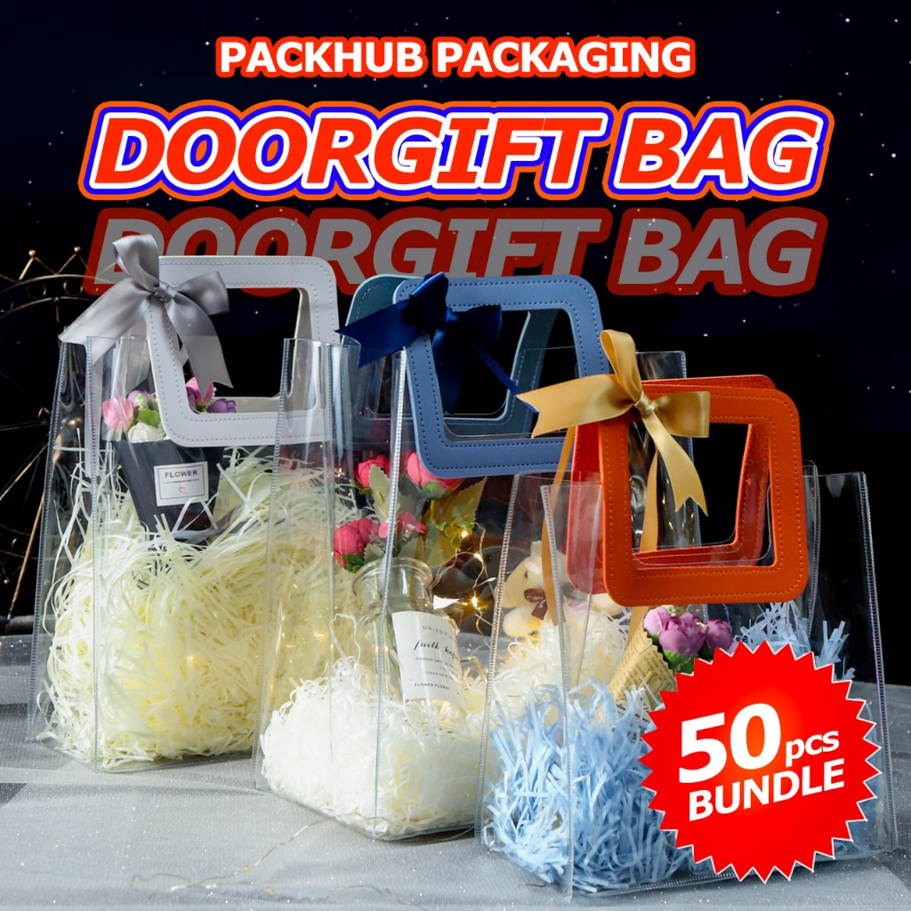 50pcs Beg Goodies Kahwin PVC Transparent Square Handle Beg Plastik Door ...