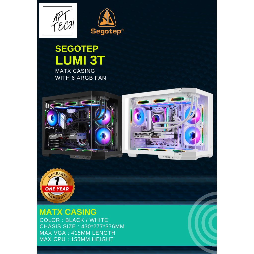 #APTTECH SEGOTEP LUMI 3T M-ATX GAMING DESKTOP PC CASE / CASING WITH 6 ...
