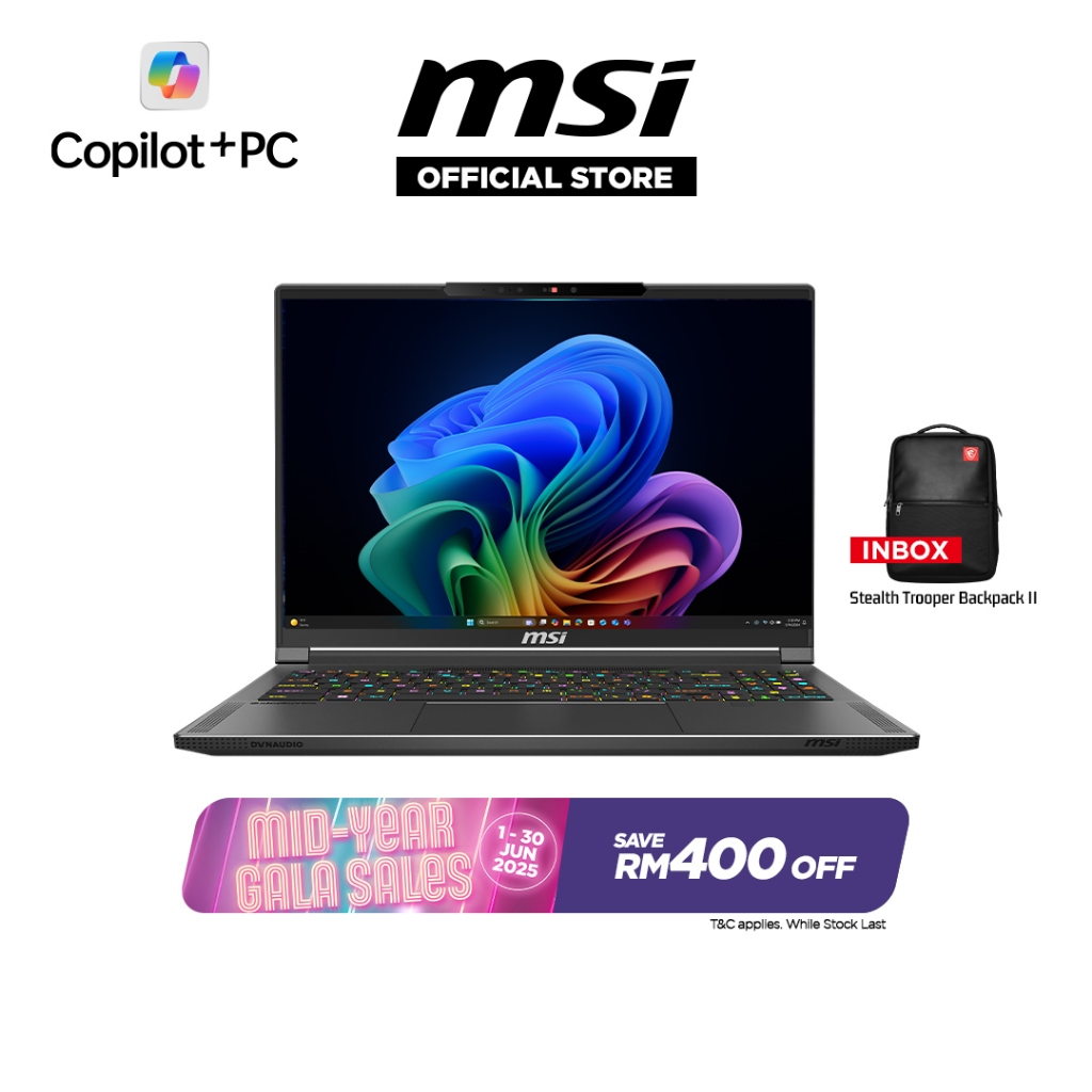MSI Stealth A16 AI+ A3XVGG-089MY Gaming Laptop ; Copilot + PC (Ryzen™ AI 9 HX 370/RTX 4070/32GB ...