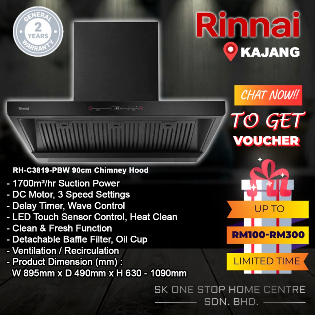 Rinnai RH-C3819-PBW 90cm Chimney Hood 1700m³/hr Suction Power | Shopee Malaysia