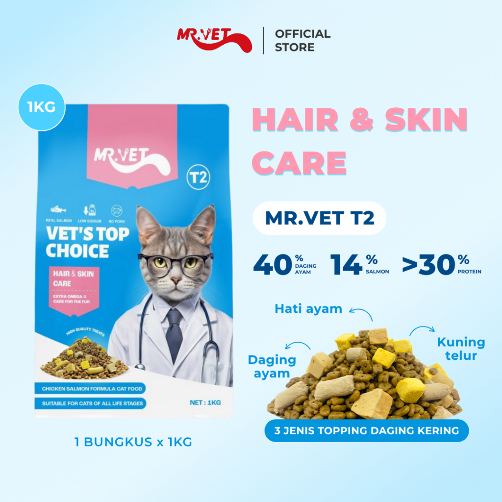 MR.VET Cat Food T2 Pack 1KG Omega-3 L-Lysine for Hair & Skin,Strengthen ...