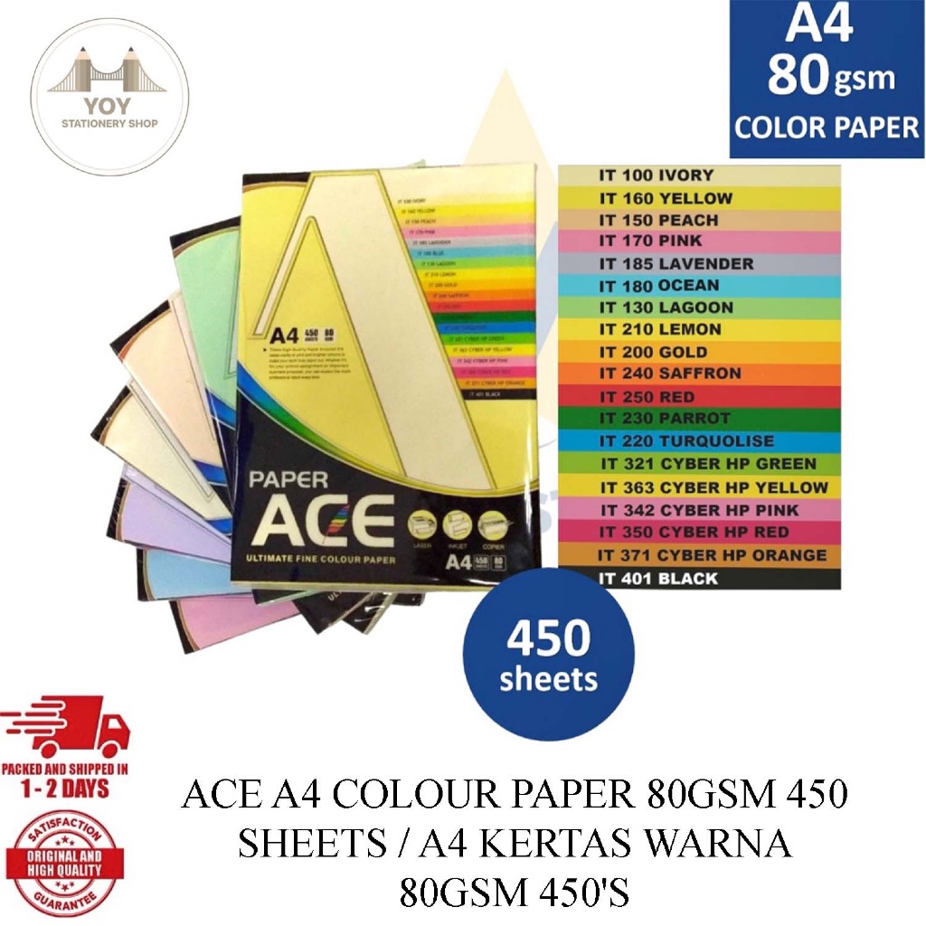 ACE A4 COLOUR PAPER 80GSM 450 SHEETS / A4 KERTAS WARNA 80GSM 450'S ...