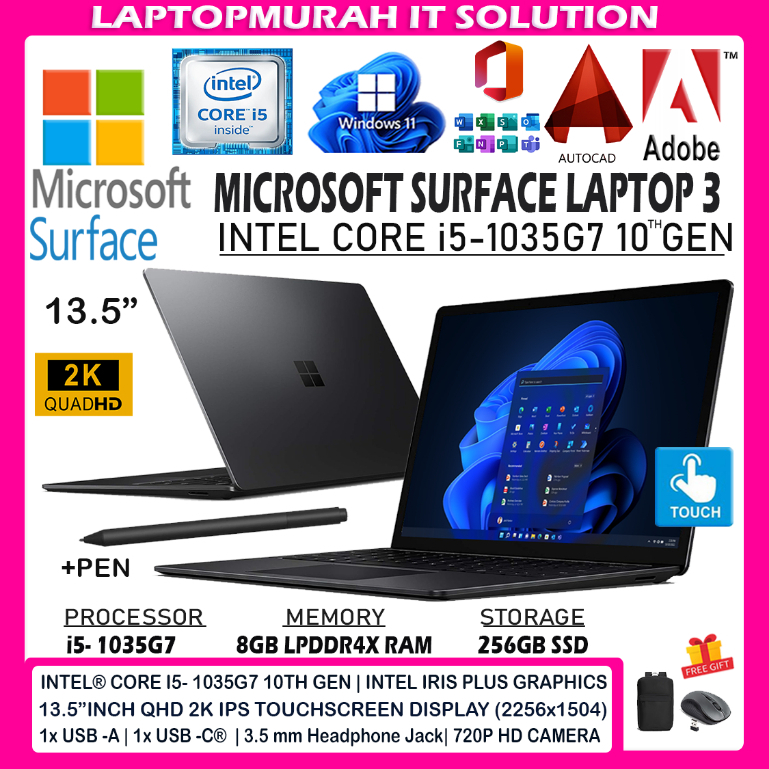 MICROSOFT SURFACE LAPTOP 3 BLACK - TOUCHSCREEN / INTEL CORE I5-1035G7 10TH GEN / 8GB RAM / 256B ...