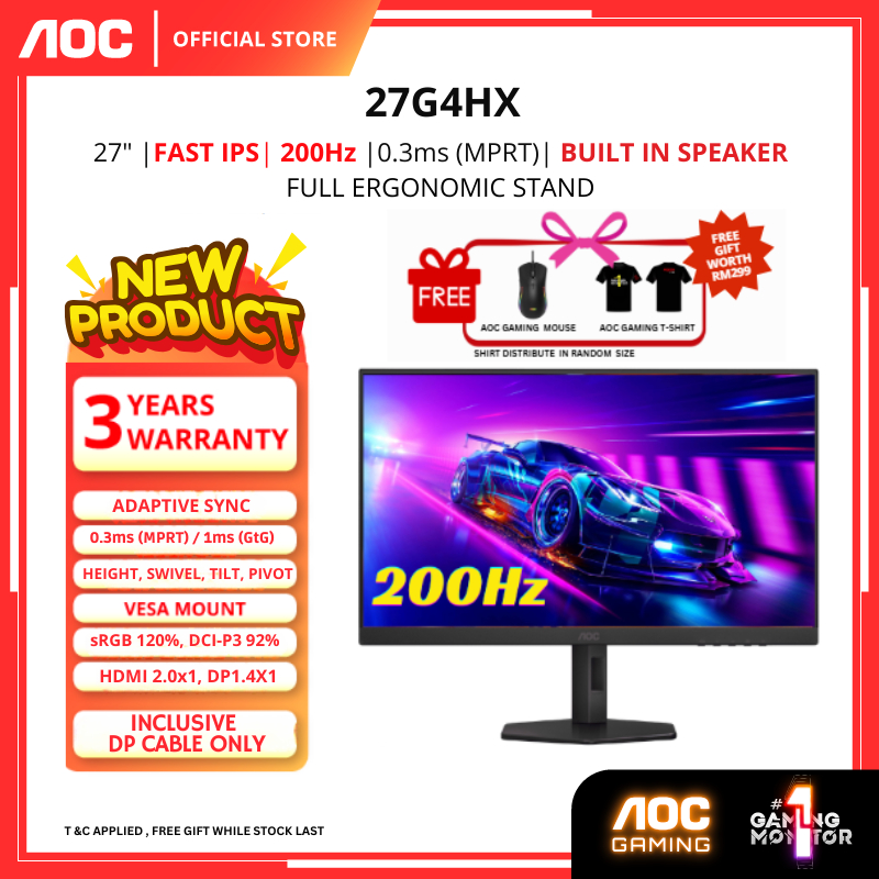 AOC 27G4HX GAMING MONITOR( 27" FAST IPS FHD / 0.3MS / 200HZ /ADAPTIVE ...