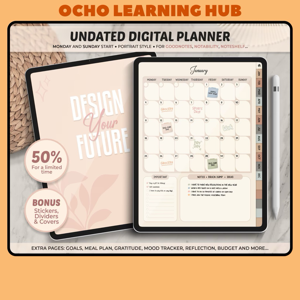 Brown Vintage Portrait Undated Digital Planner PDF with hyperlinks ...