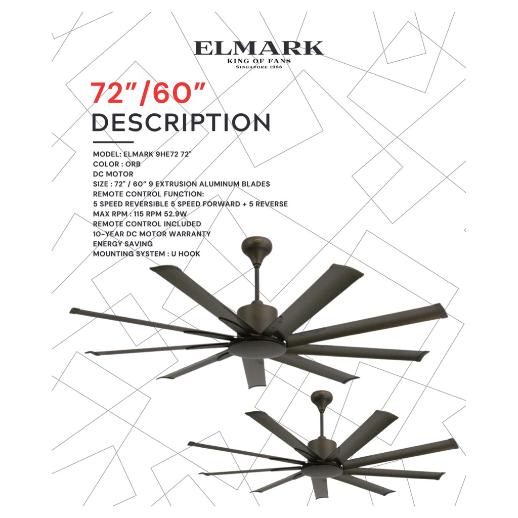 Elmark 9HE 72” / 60” Dc aluminum ceiling fan kdk/ alpha / Rezo / Deka ...