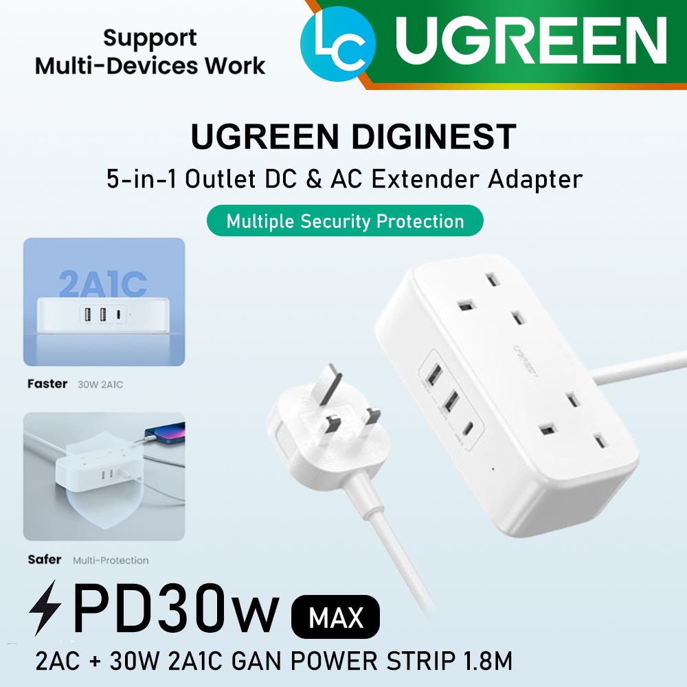 UGREEN DIGINEST 2AC + 30W 2A1C Gan Power Strip PD Charger Plug ...