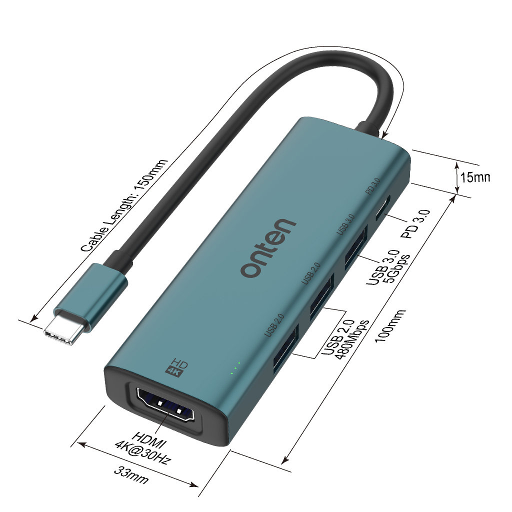 ONTEN UC123 5-in-1 UBS-C to HDTV HDMI 4K@30Hz Adapter with 3-Port Hub ...