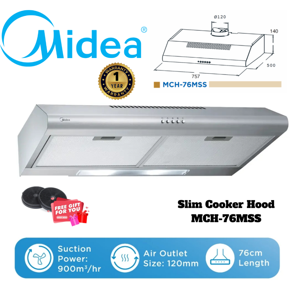Midea Slim Hood MCH-76MSS 900m3/hr Slim Cooker Hood | Shopee Malaysia