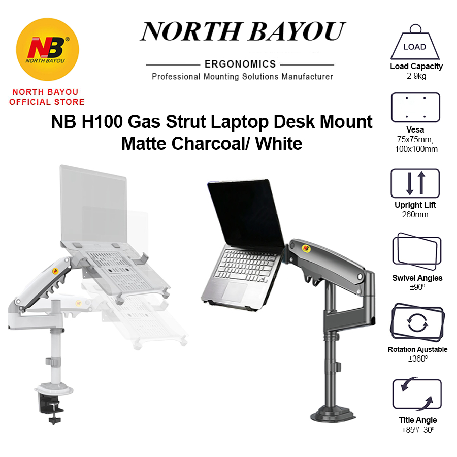 NB H100 Gas Strut White/Matte Charcoal Desk Mount Arm with Laptop Tray ...