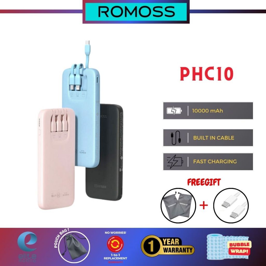 Romoss PHC10 (10000 mAh) Powerbank Built in Lighthing Type C & Micro ...